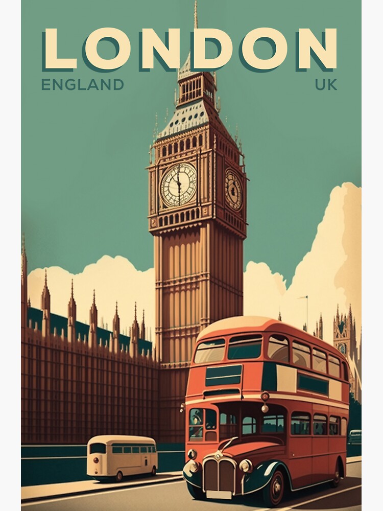 "London England Vintage Travel Poster Big Ben Tower Retro" Sticker for ...