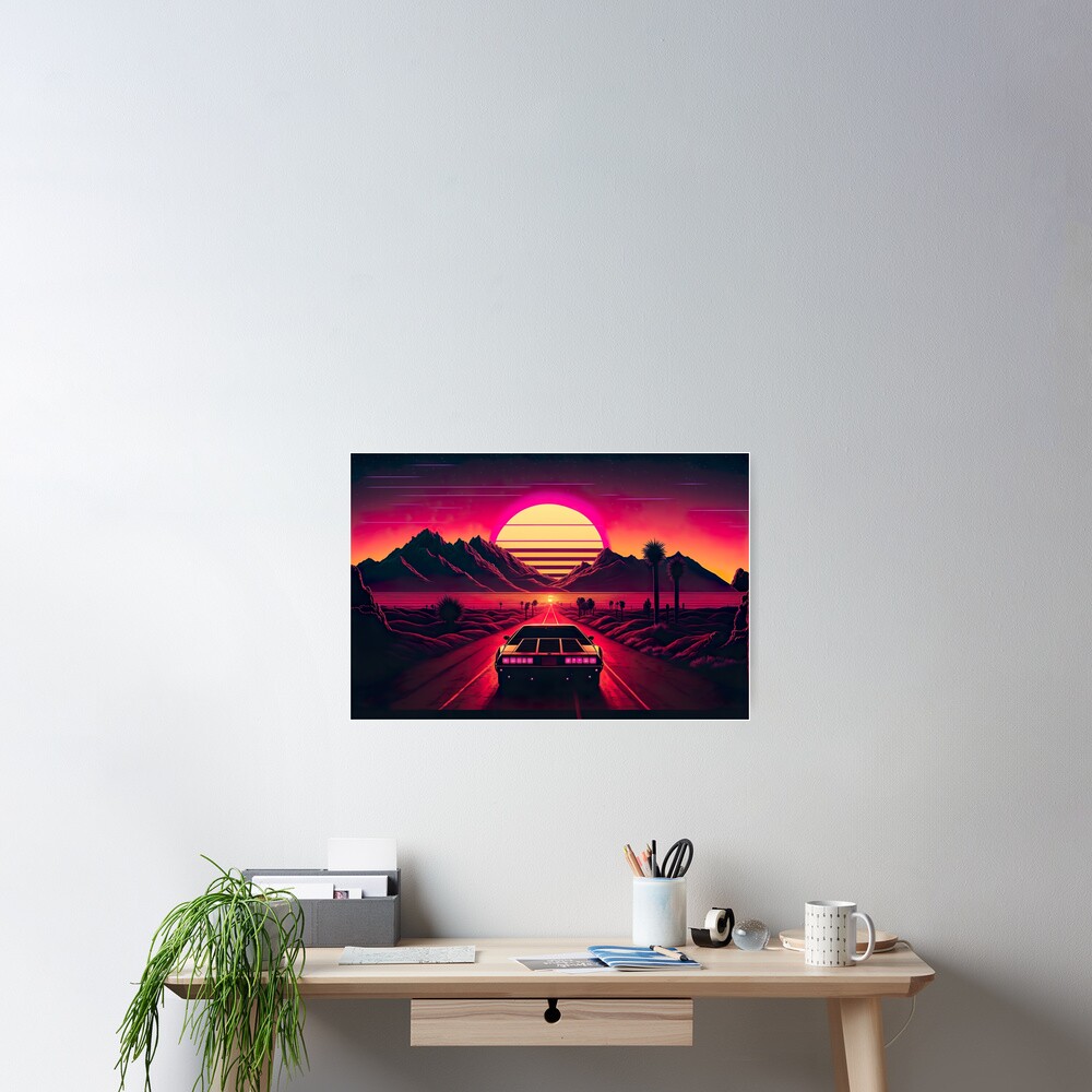 80s Car Driving Towards Synthwave Sunset Through A Desert 80s Car Driving Towards Synthwave Sunset Through A Desert