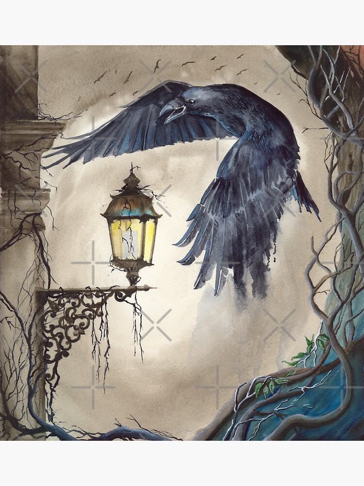 " Watercolor raven flying over a lit lantern" Sticker for Sale by ...
