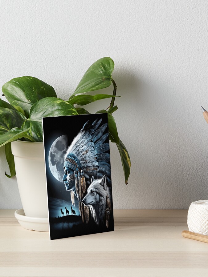 "Native American Chief and Wolf with Moon" Art Board Print for Sale by ...