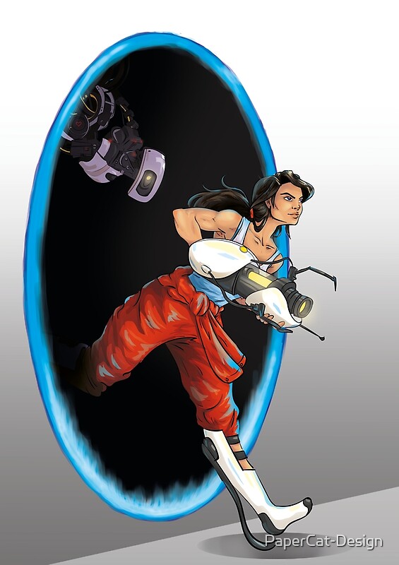 "Fanart Portal - Chell and GLaDOS" by PaperCat-Design | Redbubble