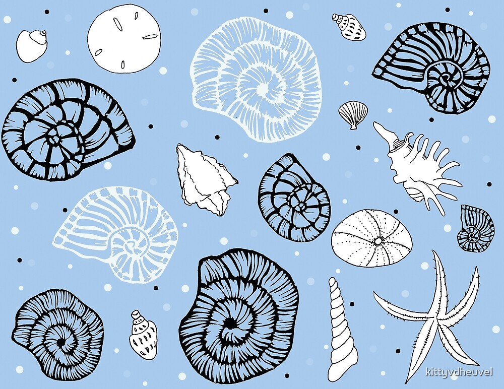 "Sea shells - repeat pattern pale blue bg" by Kitty van den Heuvel ...
