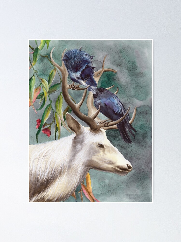 "Watercolor deer with two ravens" Poster for Sale by MaryWatercolor ...