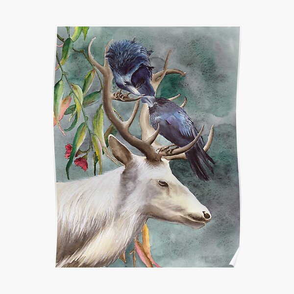 "Watercolor deer with two ravens" Poster for Sale by MaryWatercolor ...