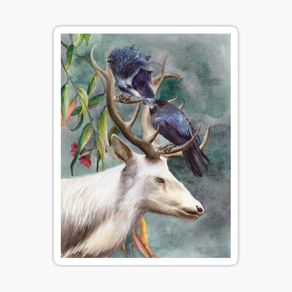 "Watercolor deer with two ravens" Sticker for Sale by MaryWatercolor ...