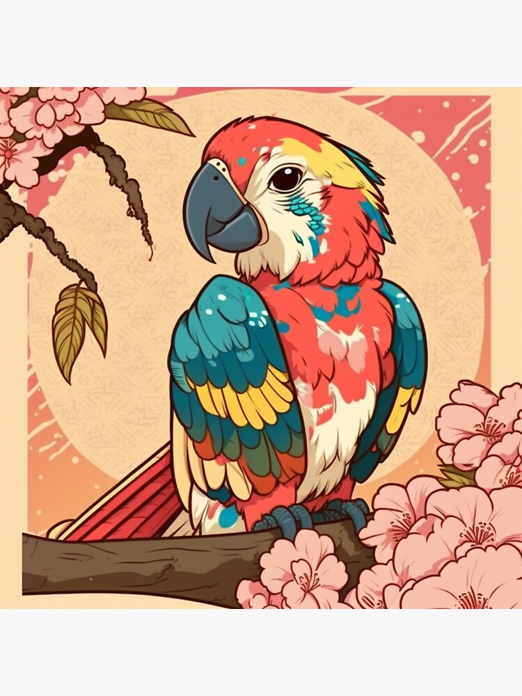 "Cute Beautiful Colourful Macaw Anime Style on a Branch With a Japanese ...