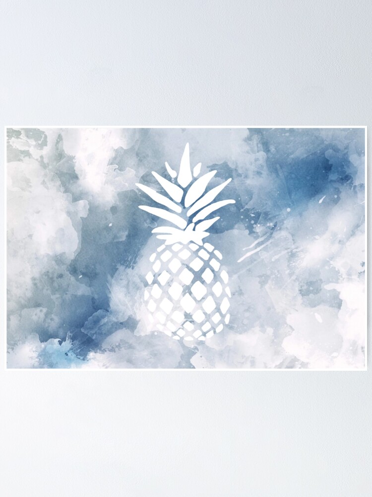 "White Pineapple on Blue Watercolor Background" Poster by ...
