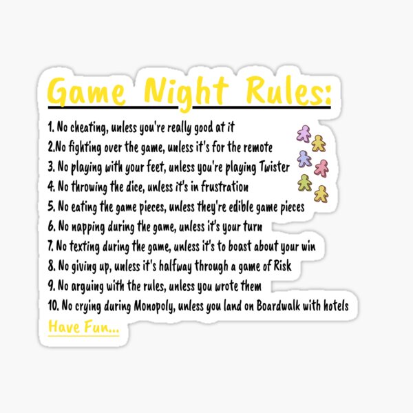 "Game Night Rules" Sticker for Sale by SLPrintFactory | Redbubble