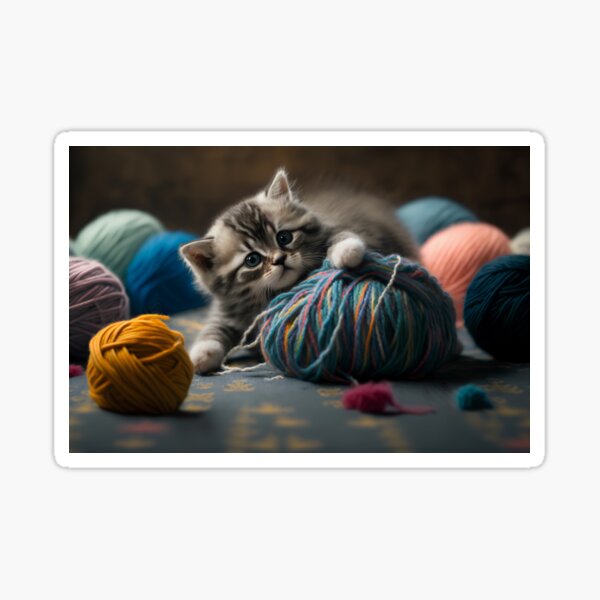 "Funny and Cute Cat With a Ball of Wool Photorealistic" Sticker for ...