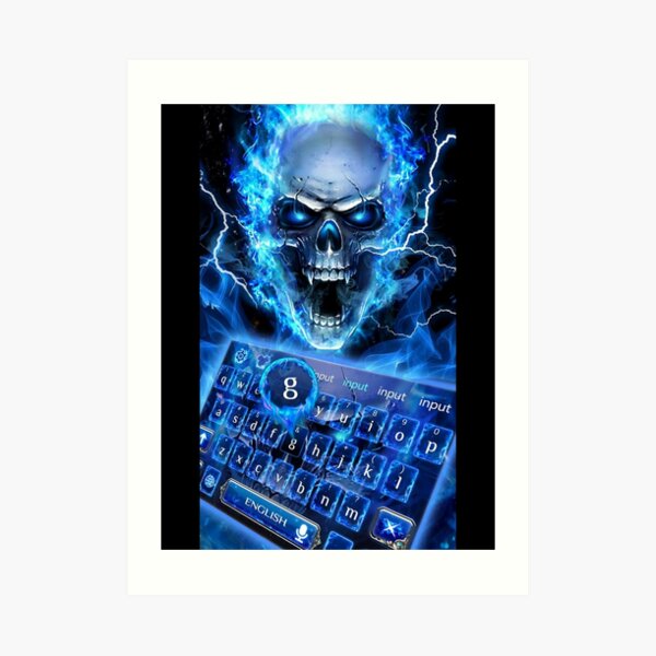 "Awesome evil blue flaming skull next to a keyboard with the “g” key ...