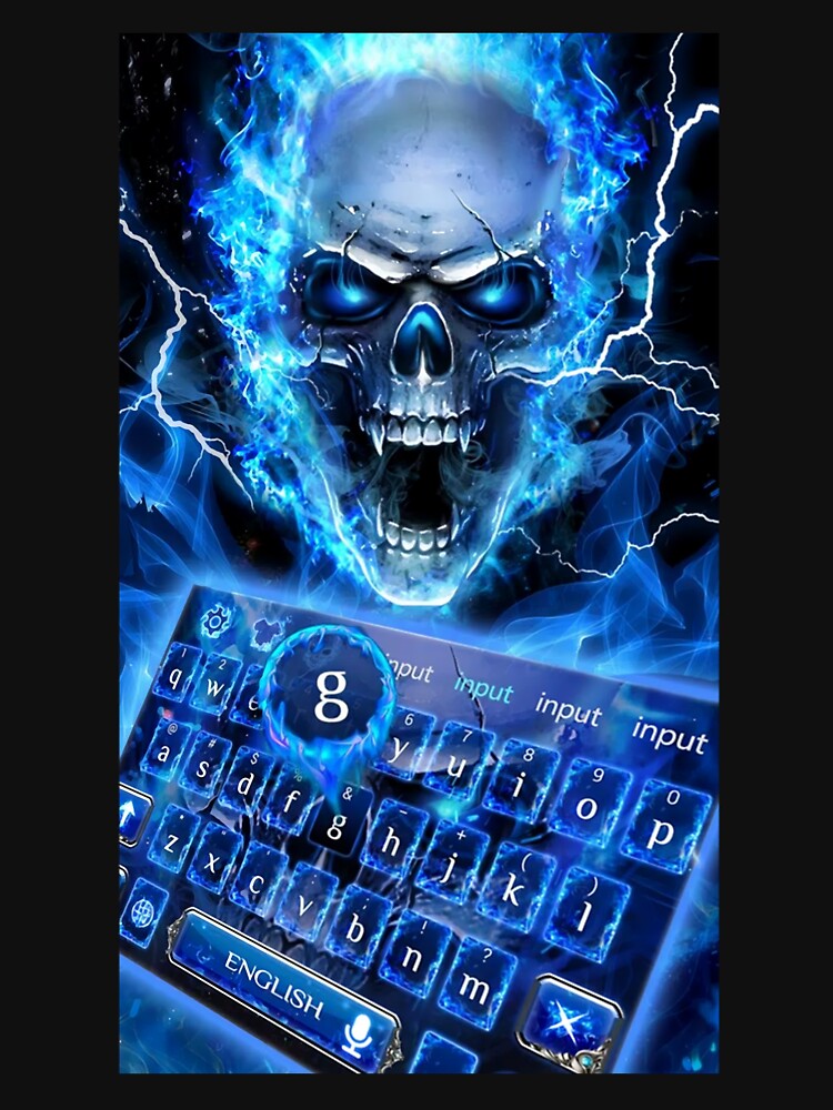 "Awesome evil blue flaming skull next to a keyboard with the “g” key ...