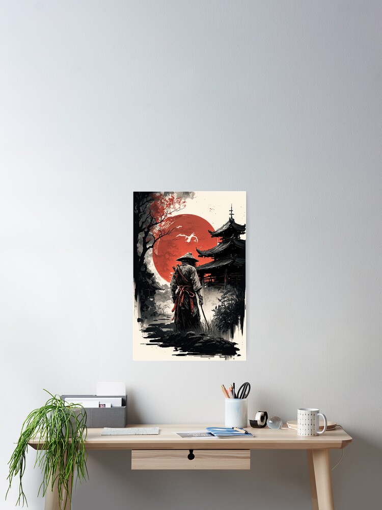 "Japanese Samurai: White and Red Ink Wash Art" Poster by LuluDragon ...