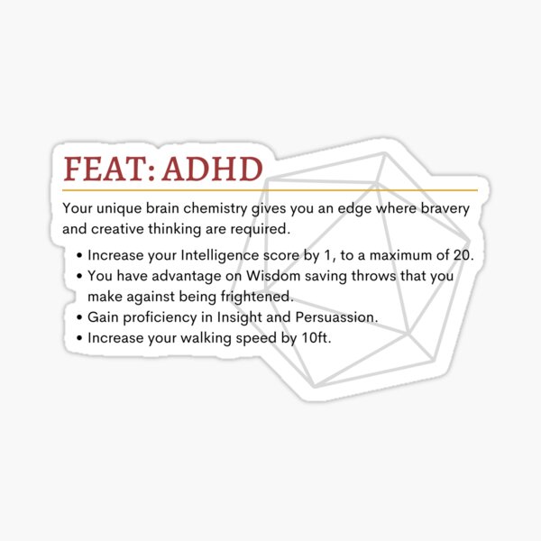 "ADHD Acceptance, ADHD as a Feat, Neurodiversity in DnD" Sticker for ...