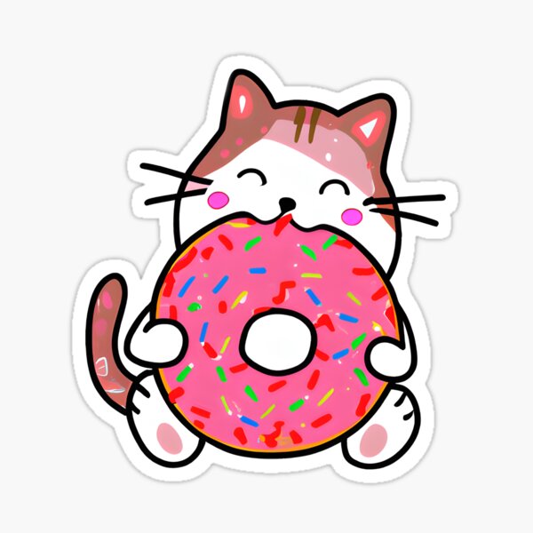 "Funny Cat Eating a Donut, Kawaii Cat with Pink Donut" Sticker for Sale ...