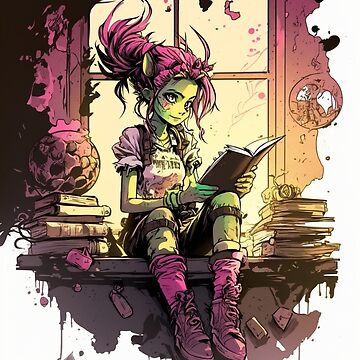"Pink goblin girl reading a book " Sticker for Sale by Perfect-Smile ...