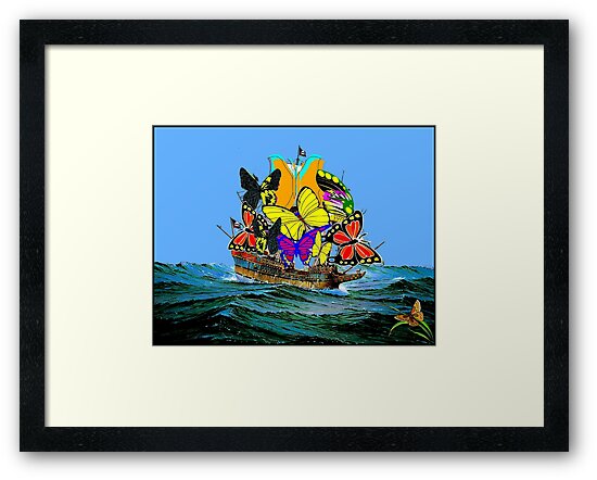 "BUTTERFLY : Abstract Psychedelic Pirate Sailing Ship" Framed Art Print ...