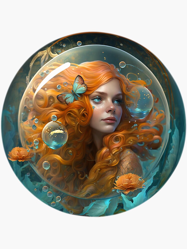 "Fantasy Mermaid in a Bubble with Flowers in Orange and Teal" Sticker ...