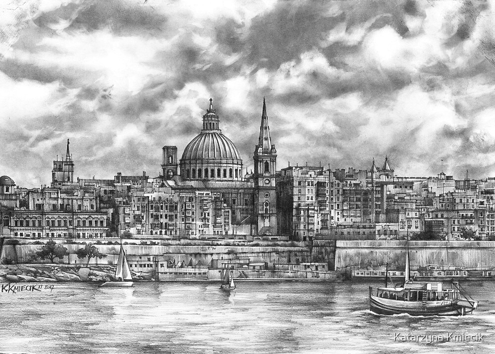 "View of the city of Malta - pencil drawing" by Katarzyna Kmiecik ...