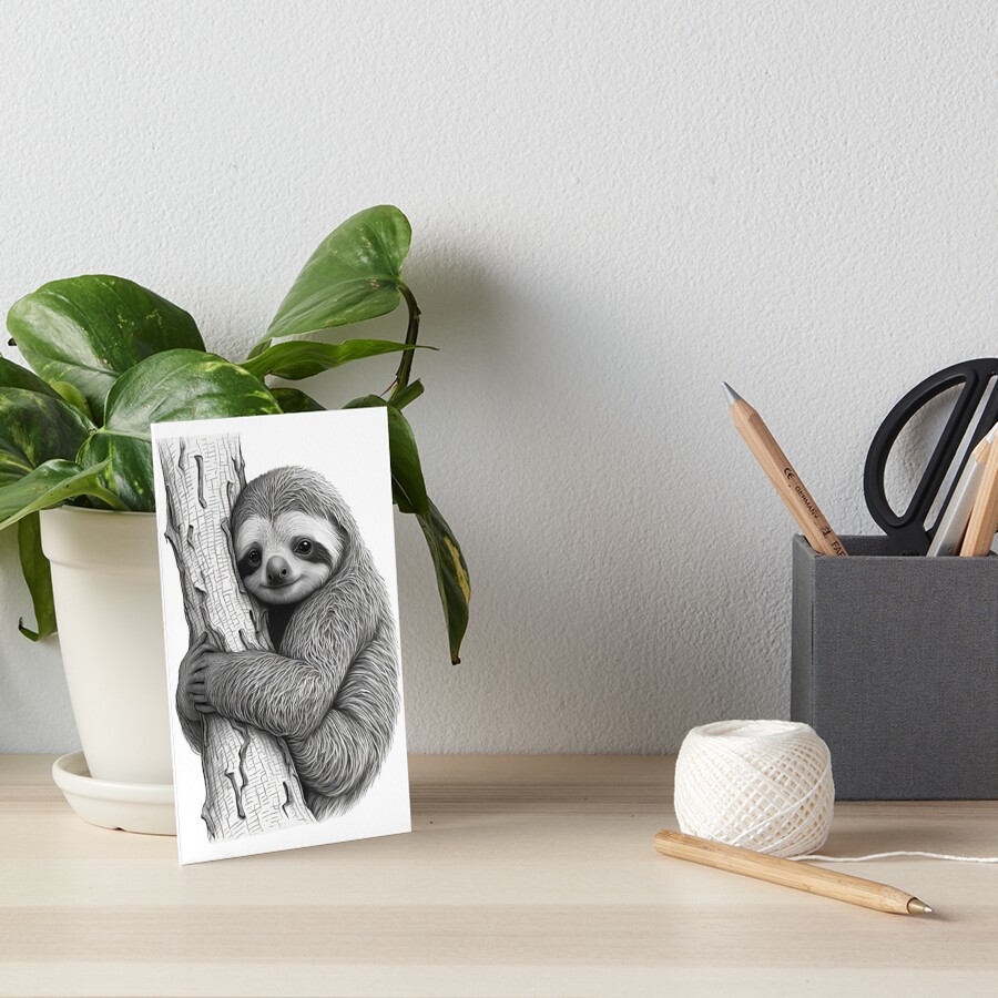 "Cute Smile Young Sloth hugging a tree Black and White" Poster for Sale ...