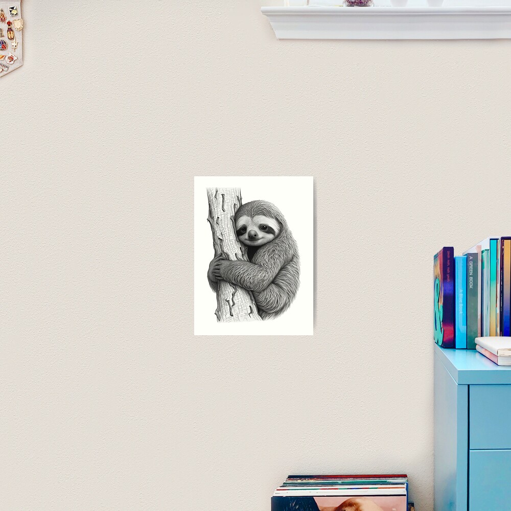 "Cute Smile Young Sloth hugging a tree Black and White" Poster for Sale ...