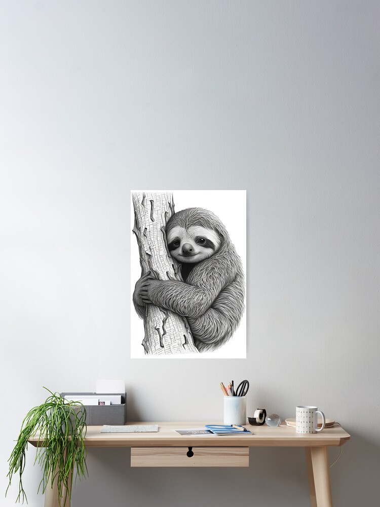 "Cute Smile Young Sloth hugging a tree Black and White" Poster for Sale ...