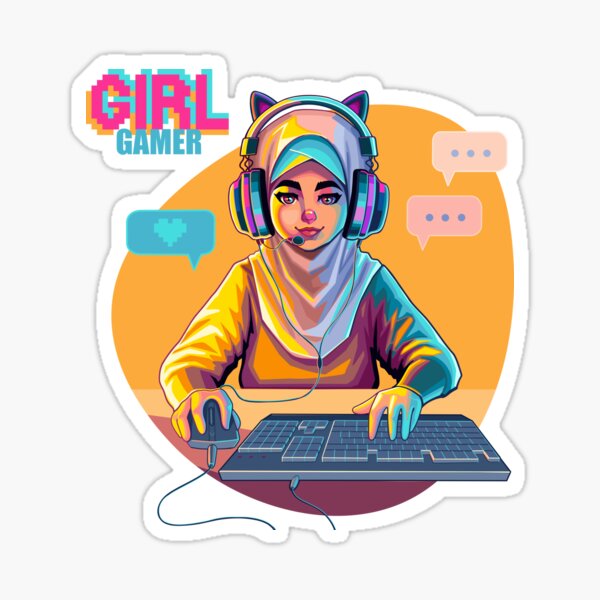 "Muslim girl gamer or streamer with cat ears headset sits in front of a ...