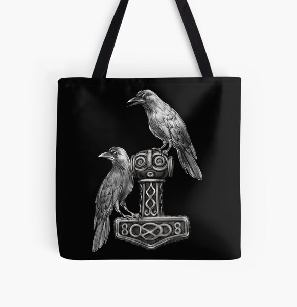 "Thor Hammer Mjölnir with Odin Ravens Hugin and Munin" Tote Bag by ...