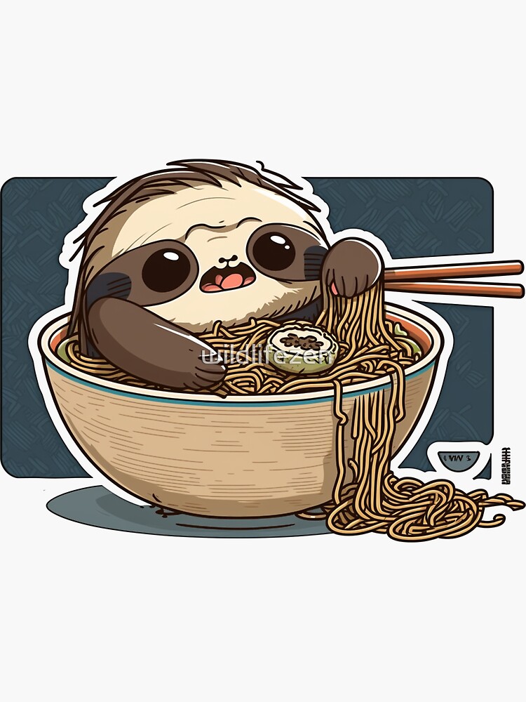 "Sloth Eating Ramen Cute Kawaii Noodles" Sticker for Sale by ...