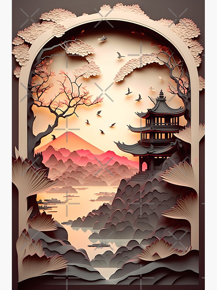 "Ancient Chinese Scene Paper Cut Design Brown" Sticker for Sale by ...