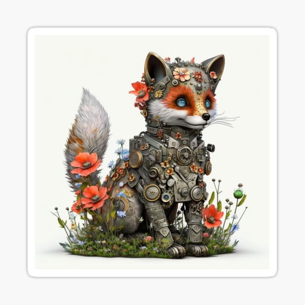 "Steampunk robot fox in a meadow " Sticker for Sale by Virginia-edits ...
