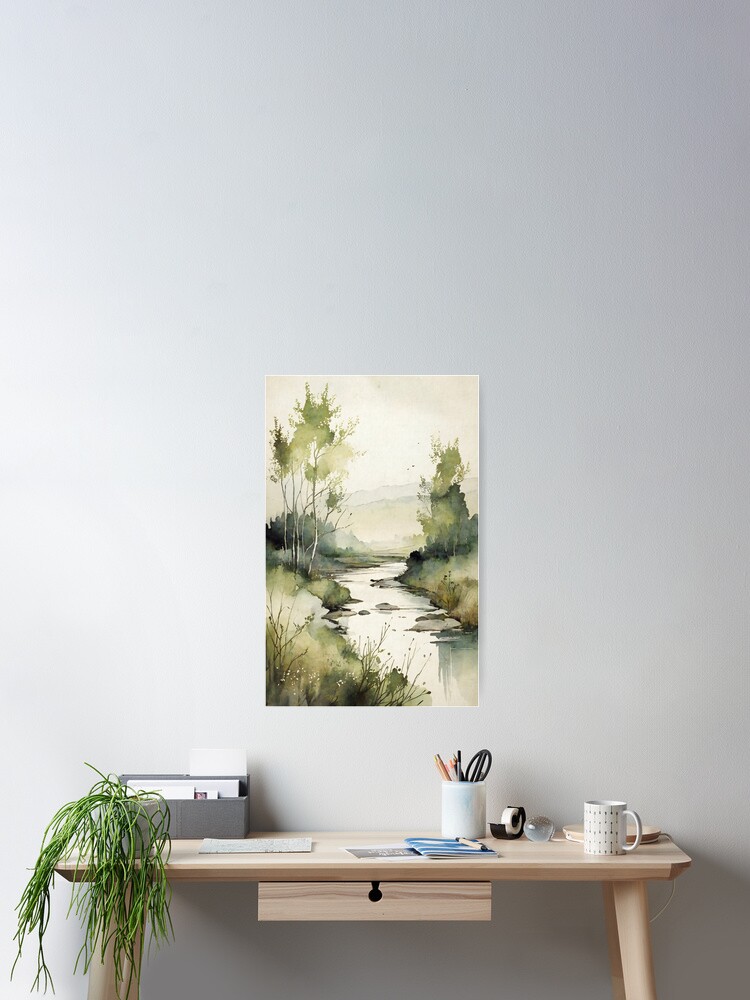 "Misty Sunrise: Rustic River Landscape Watercolor Painting" Poster for ...