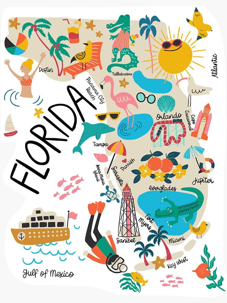 " Florida whimsical Map//custom map design and pattern" Sticker for ...