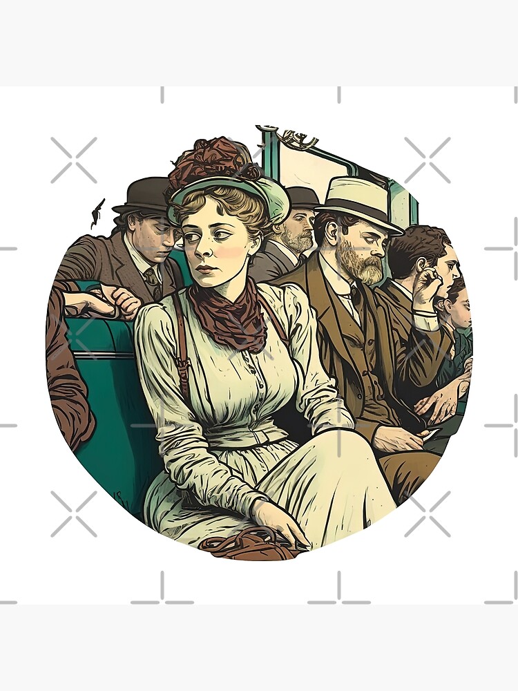 Busy commuters on a train during rush hour Mucha style Premium Matte ...