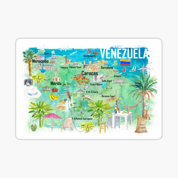 "Venezuela Illustrated Travel Map with Tourist Highlights" Sticker for ...