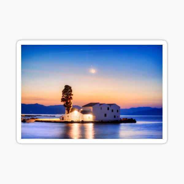 "Crescent Moon and Venus above Vhacherna monastery, Corfu" Sticker for ...
