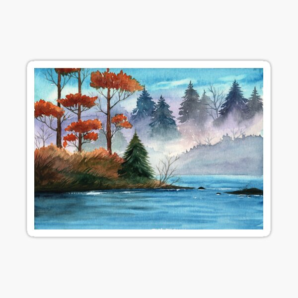 "Watercolor misty river with a small island" Sticker for Sale by ...