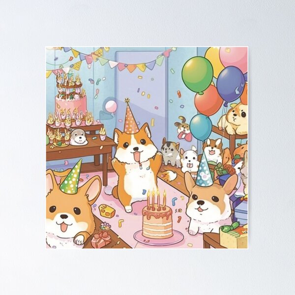 "Kawaii Corgi Birthday Party with Chibi Animals" Poster for Sale by ...