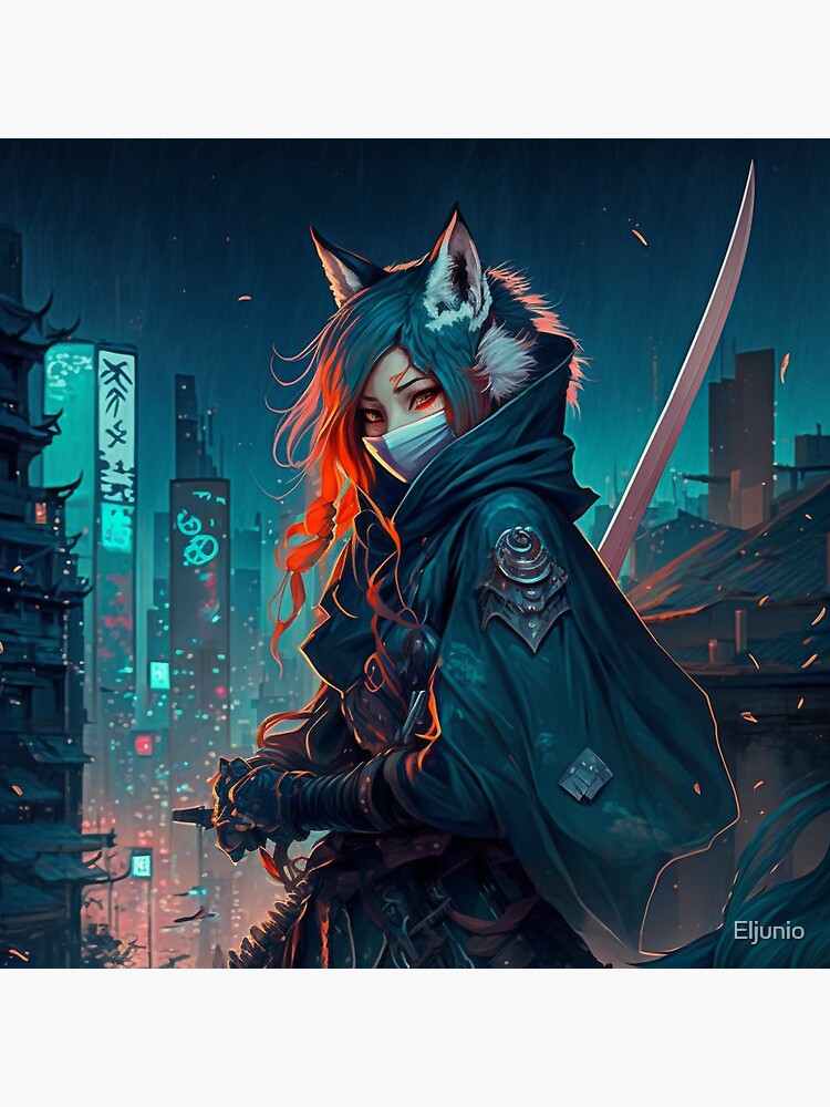 "Digital Kitsune: A Cyberpunk Japanese Fox Girl with a Katana" Sticker ...