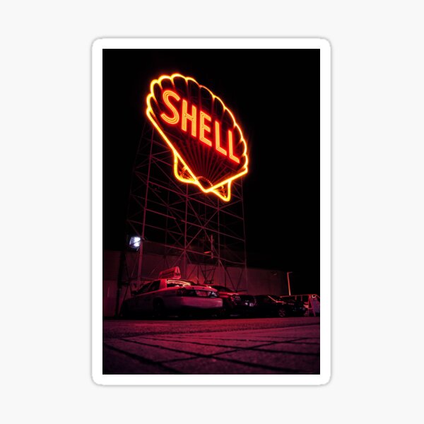"SHELL Gasoline Sign Neon at Night" Sticker for Sale by SeanBennett ...