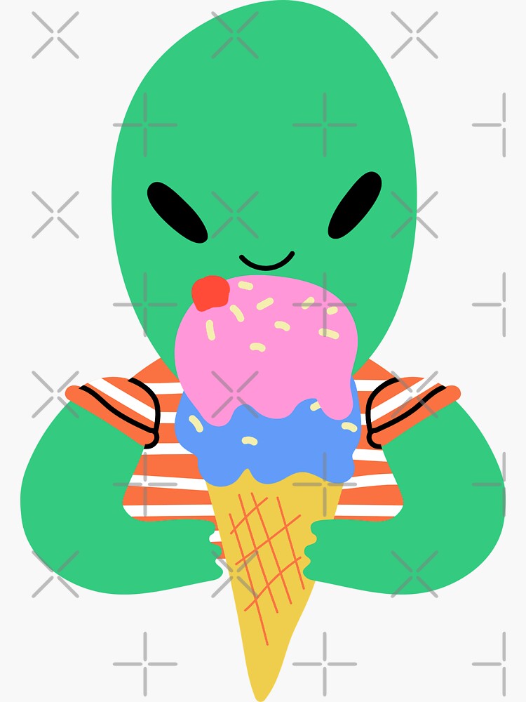 "A green alien eats ice cream" Sticker for Sale by Ichi-100 | Redbubble