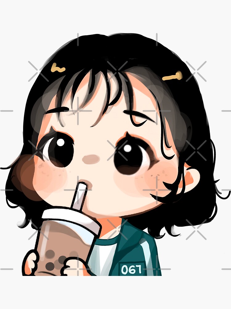 "Chibi Squid Game player 067 drinking milk tea" Sticker for Sale by ...