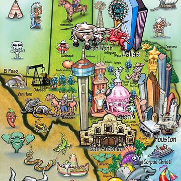 "Fun Texas Cartoon Map" Sticker for Sale by kevinmiddleton | Redbubble