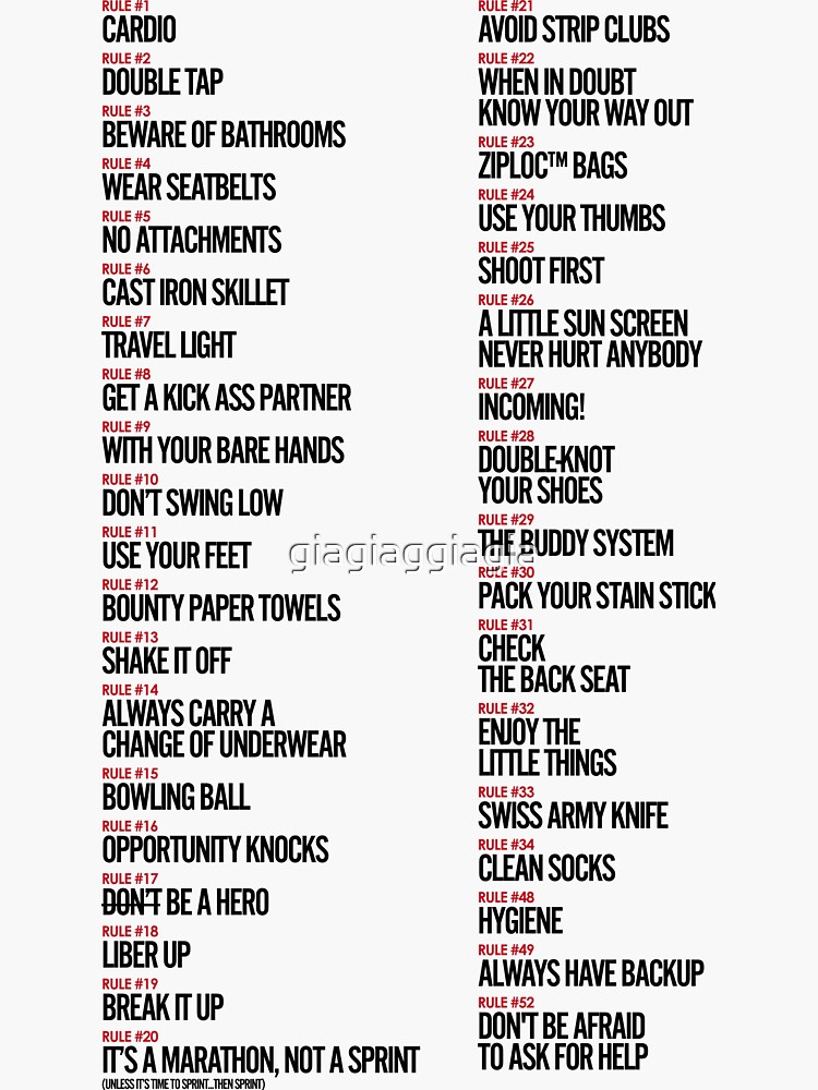 "Zombieland - Rules - Black" Sticker for Sale by giagiaggiagia | Redbubble