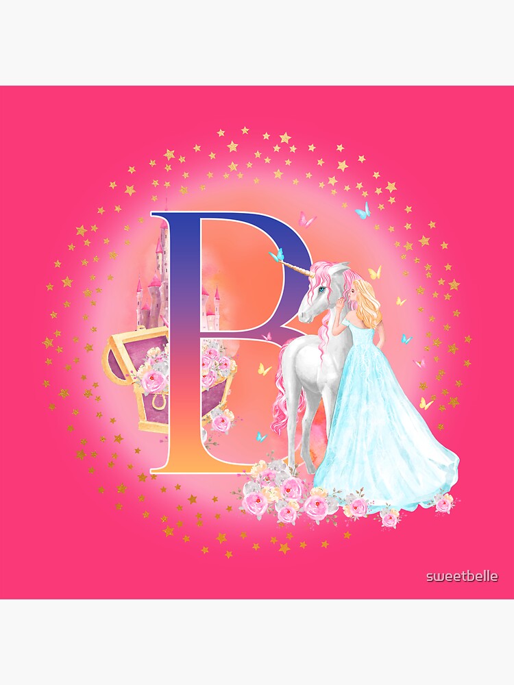 "Unicorn and Princess with Castle, Letter B Monogram" Sticker for Sale ...