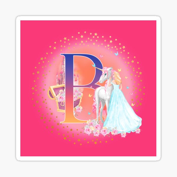 "Unicorn and Princess with Castle, Letter B Monogram" Sticker for Sale ...