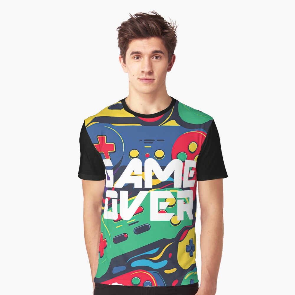 "GAME OVER, various gamepads, yellow, blue, red bold vintage palette ...