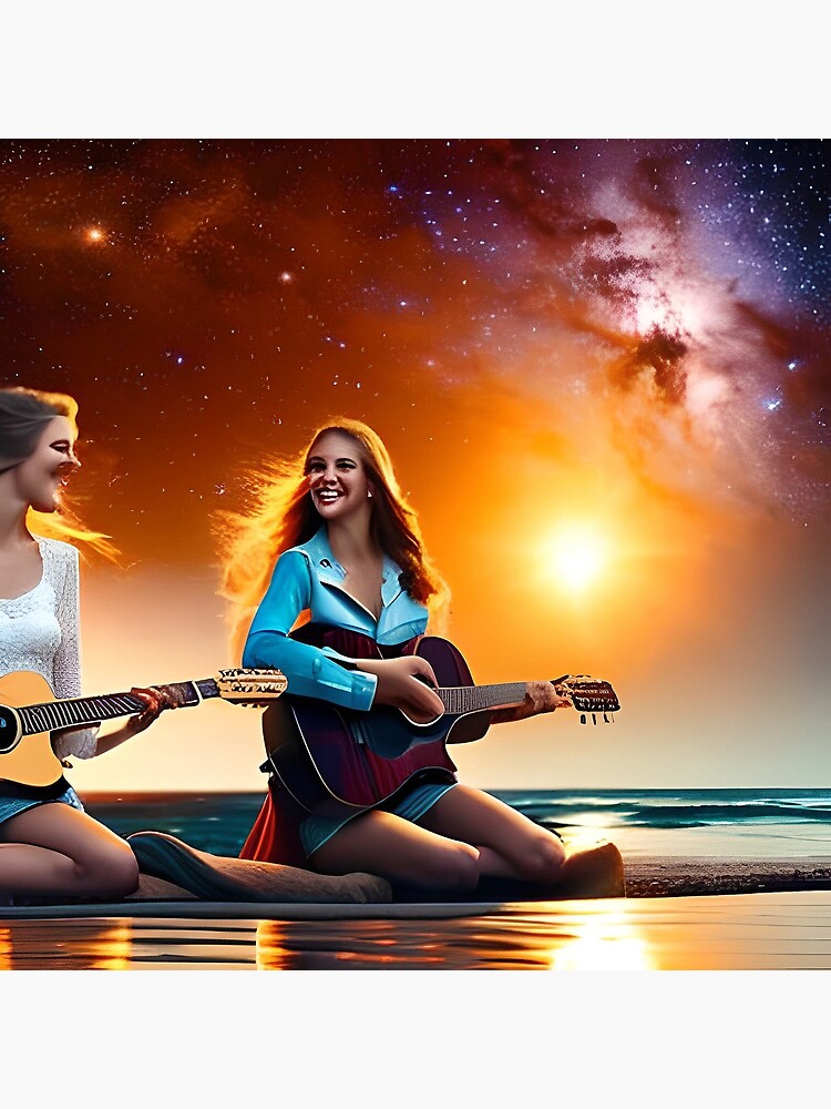 Two singers with guitar under a starry sky by the sea Premium Matte ...