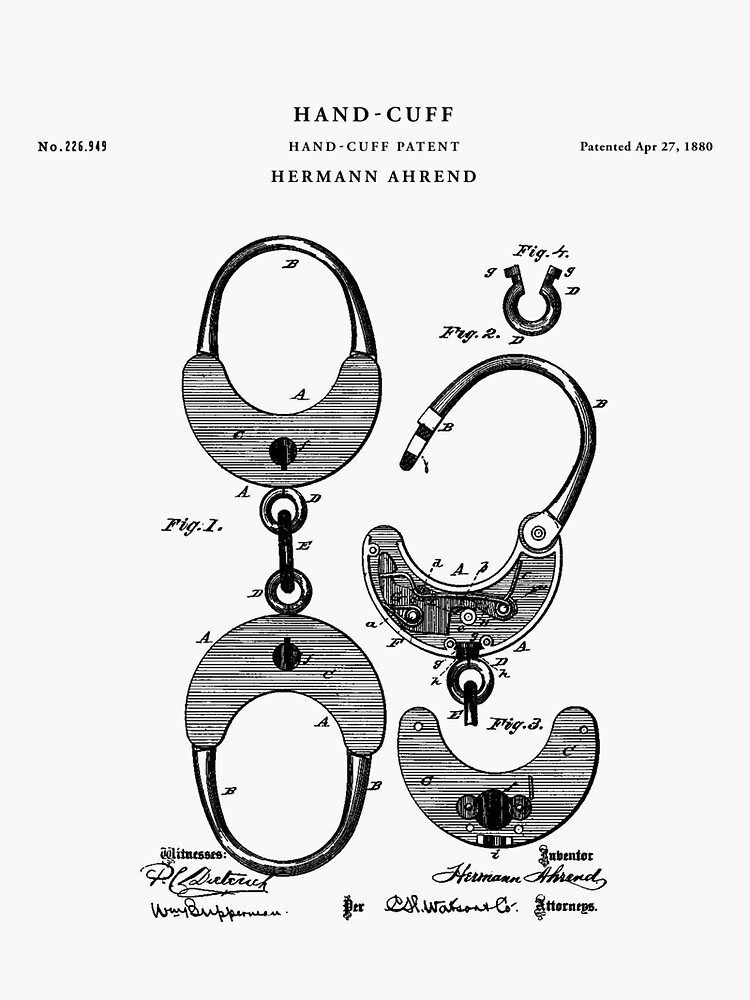 "Handcuff patent drawing" Sticker for Sale by Vintago | Redbubble