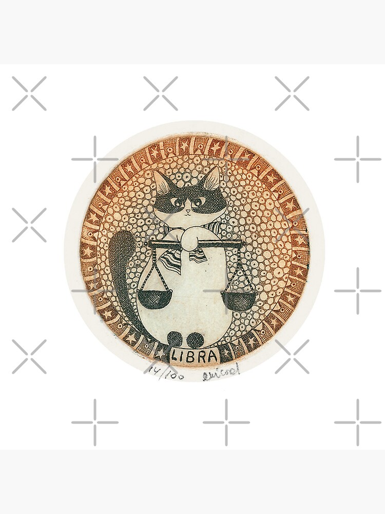 Libra Cat by Evelyne Nicod: Etching of a Zodiac sign: Pin Button sold ...