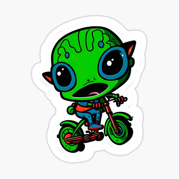 "cute sticker of an alien with big expressive eyes riding a bike ...